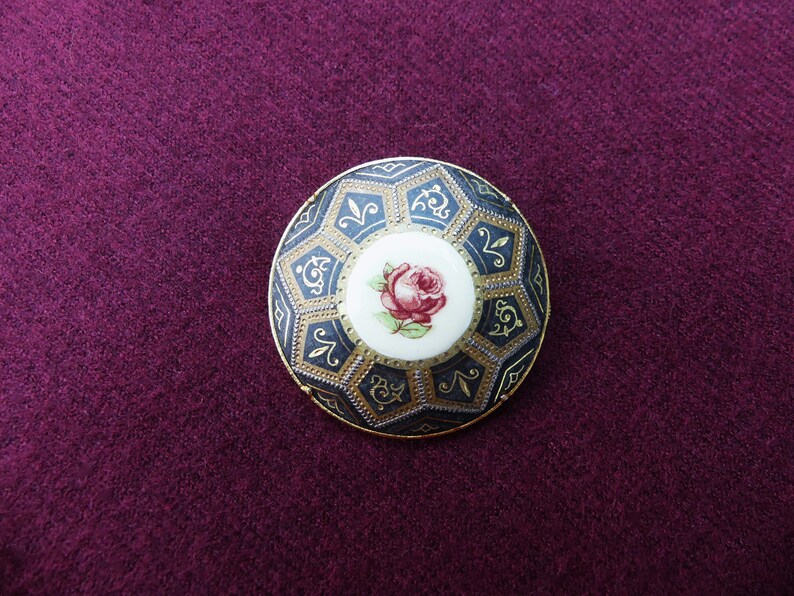 DAMASCENE Disc Brooch, Black Enamel, Gold-tone Metal and Ceramic Button ...