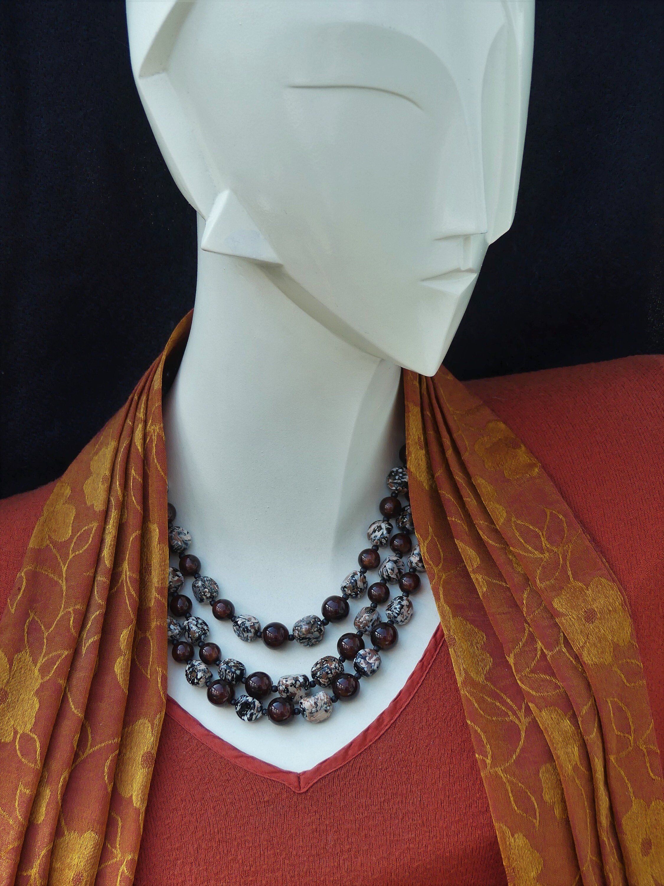 Vintage 1960s Triple-strand Chestnut Brown Lucite and Black, Yellow ...