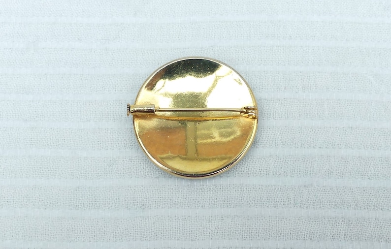 DAMASCENE Disc Brooch, Black Enamel, Gold-tone Metal and Ceramic Button ...