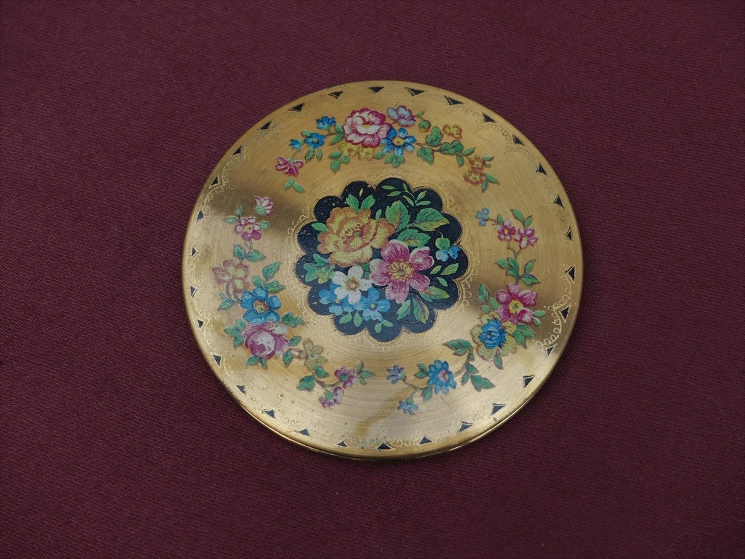 ZENETTE Brass Powder Compact With Black Floral Rosette Centre, and Blue ...