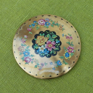 ZENETTE Brass Powder Compact With Black Floral Rosette Centre, and Blue ...