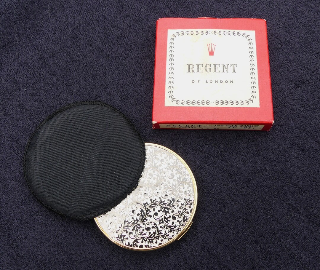REGENT of LONDON Lacquered Brass Powder Compact With Silver Floral ...