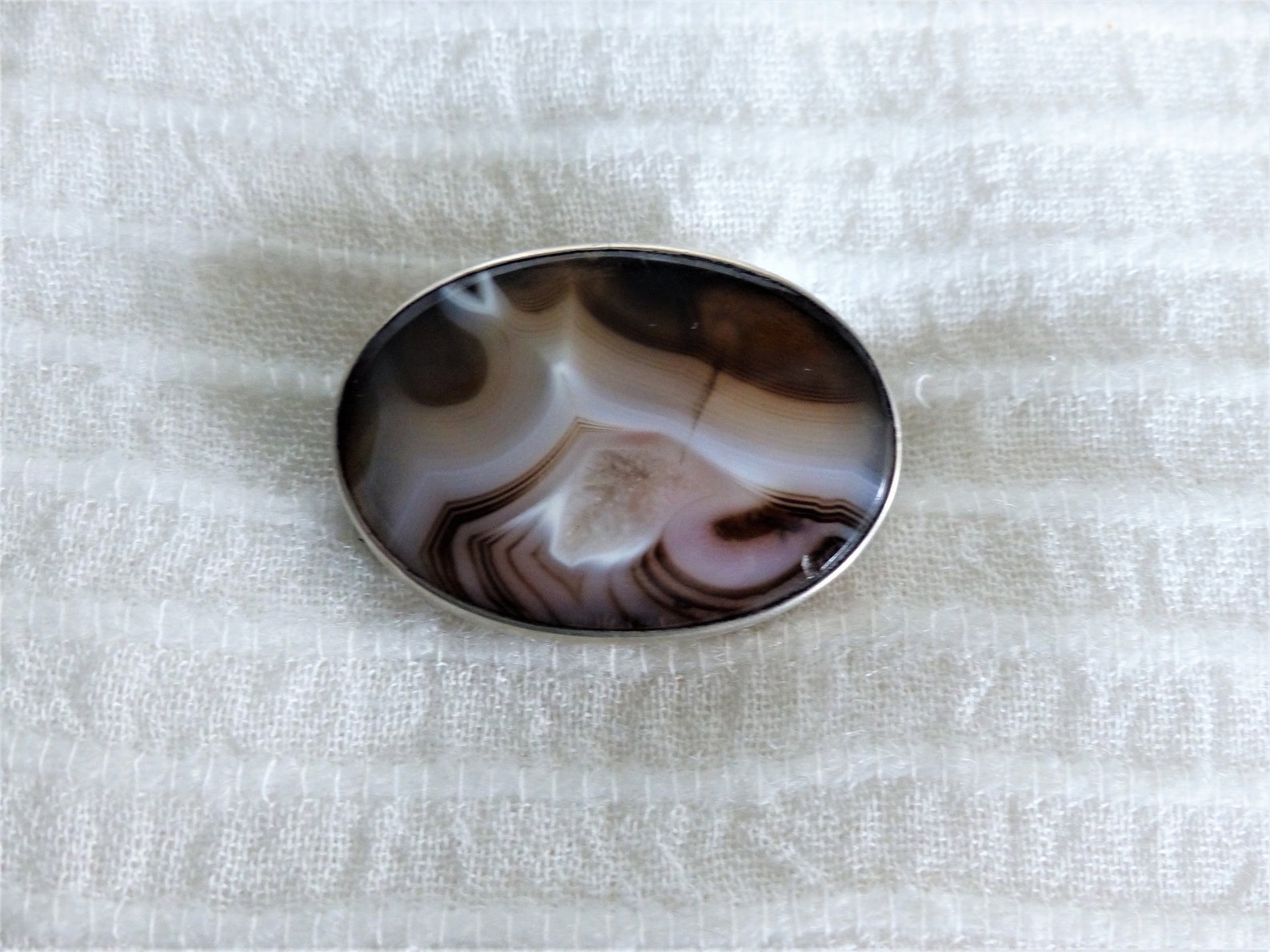Antique Edwardian Silver-plated Brown & Cream Agate Brooch, Vintage ...