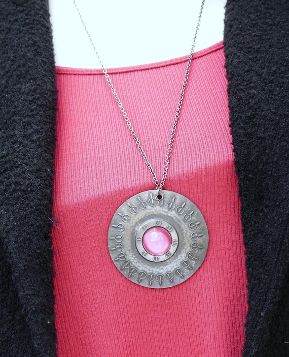 Vintage 1970s Danish Pewter Embossed Disc Pendant, Wi… - Gem