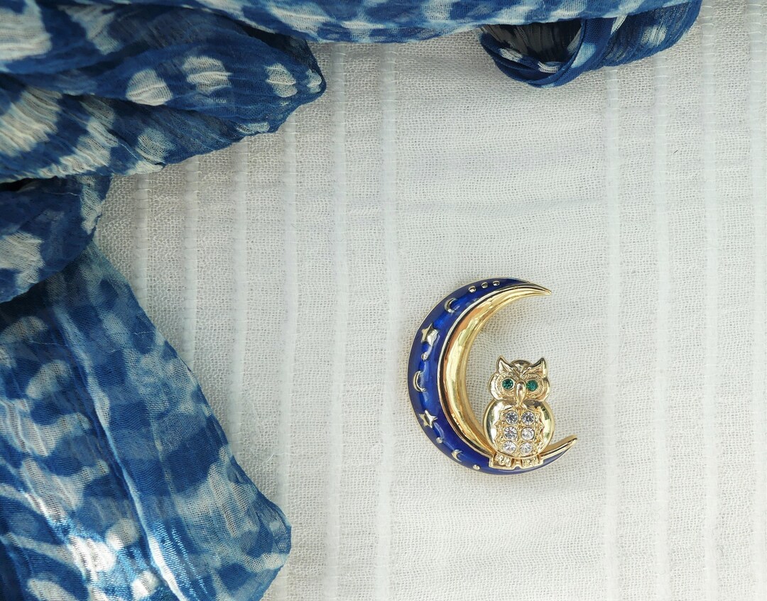 BEATRIX JEWELRY Gold-plated Crescent Moon & Owl Brooch, in Dark Blue ...