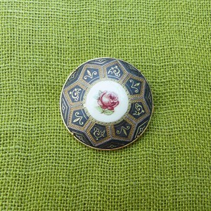 DAMASCENE Disc Brooch, Black Enamel, Gold-tone Metal and Ceramic Button ...
