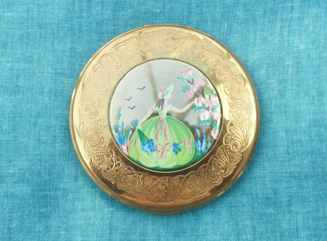 Vintage 1950s Powder Compact With Victorian Lady Gathering Flowers ...