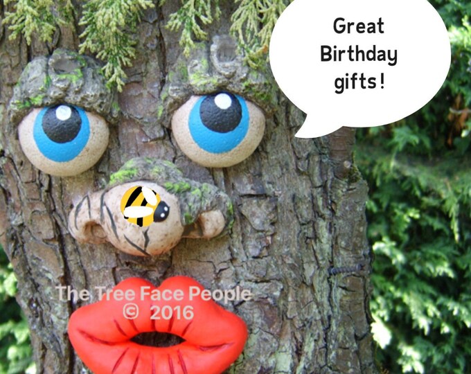 Funny Faces for Trees With Blue Eyes and Red Lips. Lady Face Sculpture ...