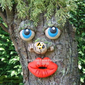 Funny Faces for Trees With Blue Eyes and Red Lips. Lady Face Sculpture ...