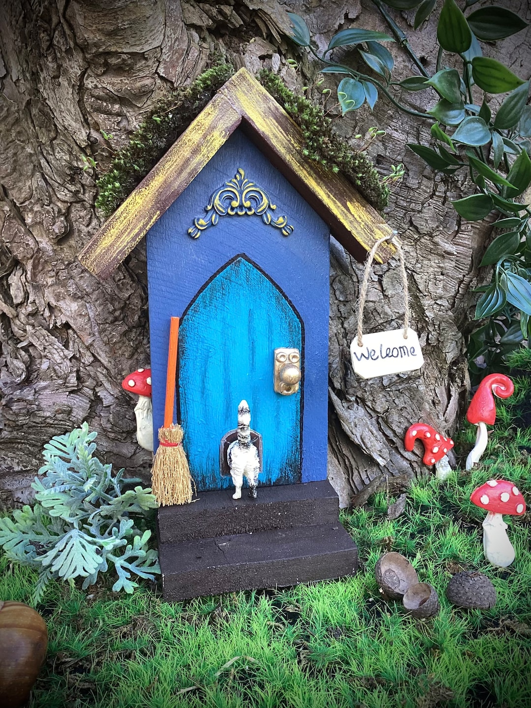 Rustic Blue Fairy Door With Cat Flap. Wooden Blue Pixie Door, Hand Painted Fairy Garden ...