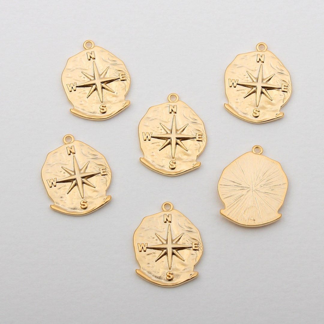 1PCS - Matt Gold Hammered Medal Compass Charm, Cardinal Points Compass ...