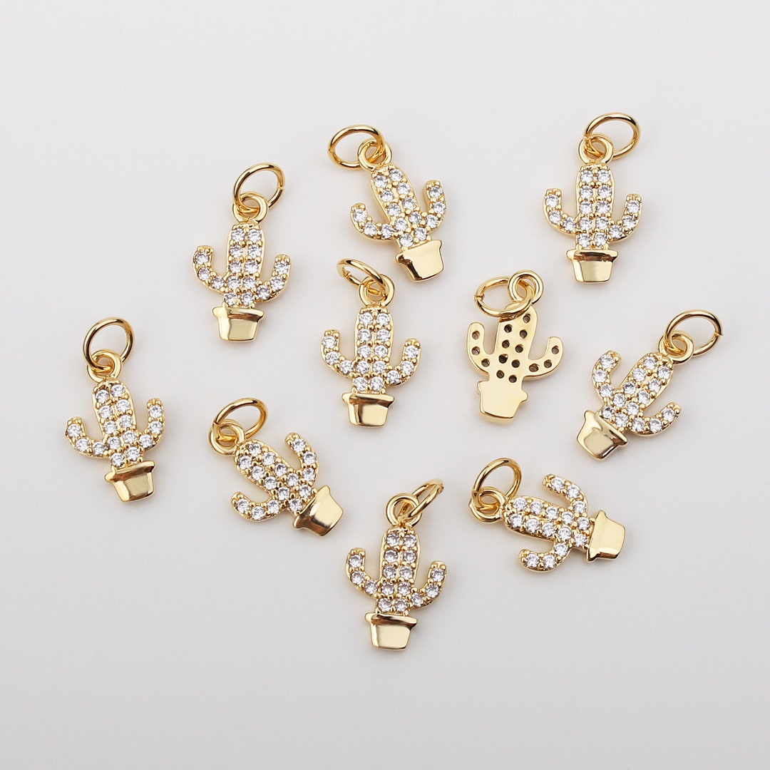 1PCS - Gold Cactus With Cubic Charm, CZ Micro Pave Cactus Pendant, CZ ...