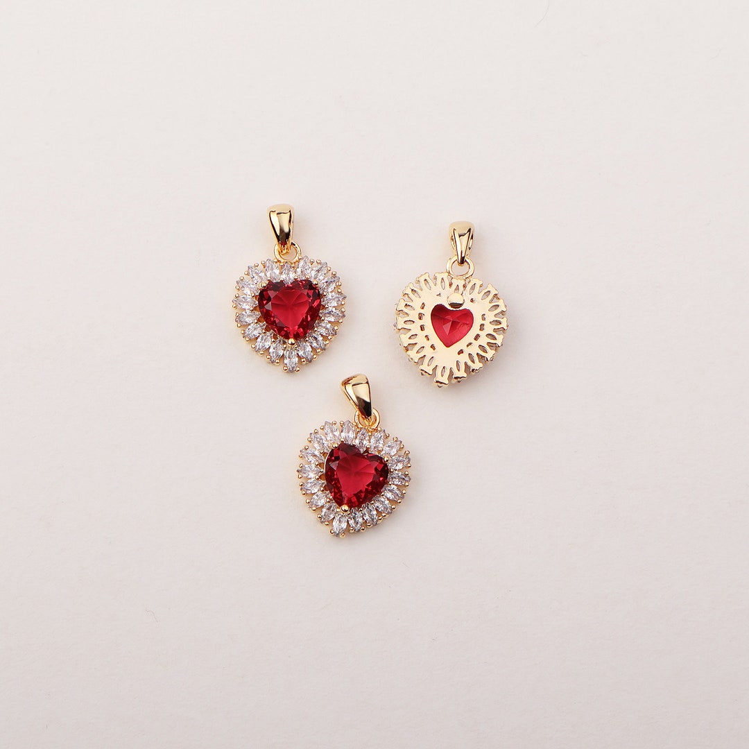 1PCS - Red Double Heart Luster CZ Pendant, Cubic Heart Charm, Heart ...