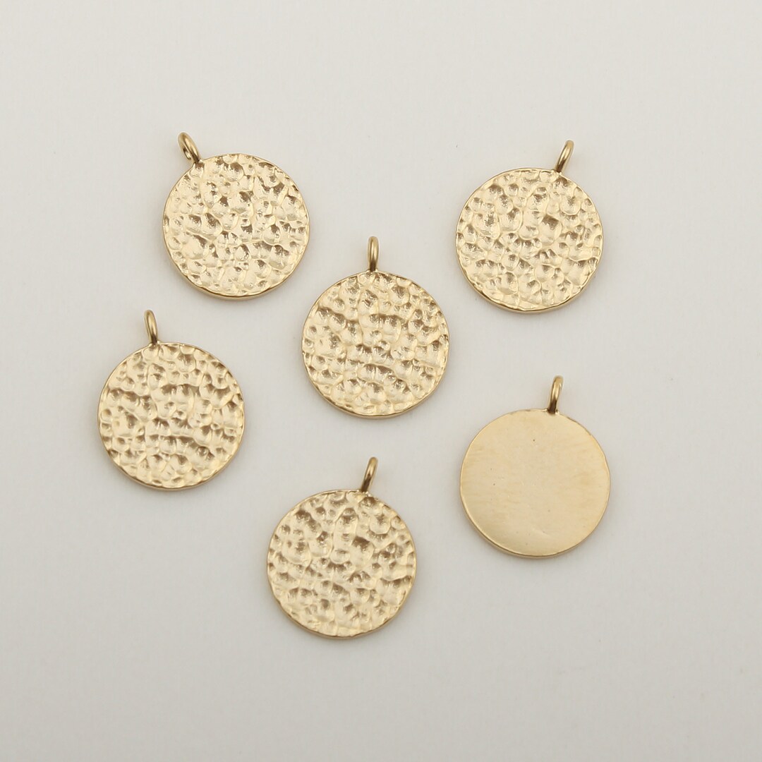 1PCS - Matt Gold Hammered Circle Charm, Gold Coin Pendant, Uneven Round ...
