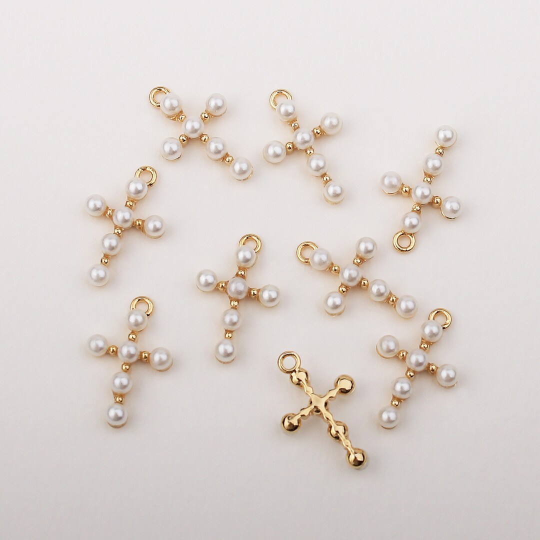 1PCS - Tiny White Pearl Cross Charm, Cross Pendant, Small Pearl Beads ...