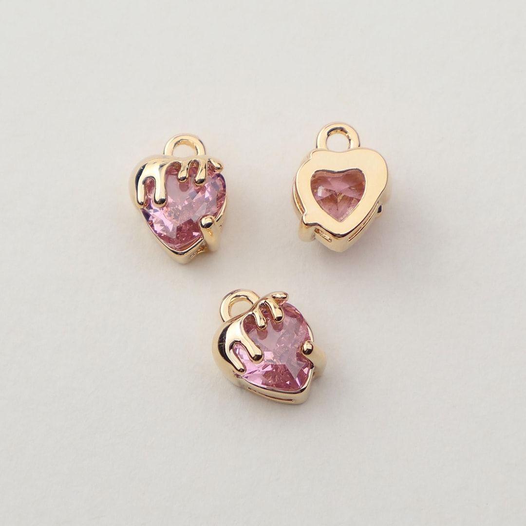 1PCS - Dripping Gold Heart Pendant With Pink Crystal, Heart Gem Charm ...