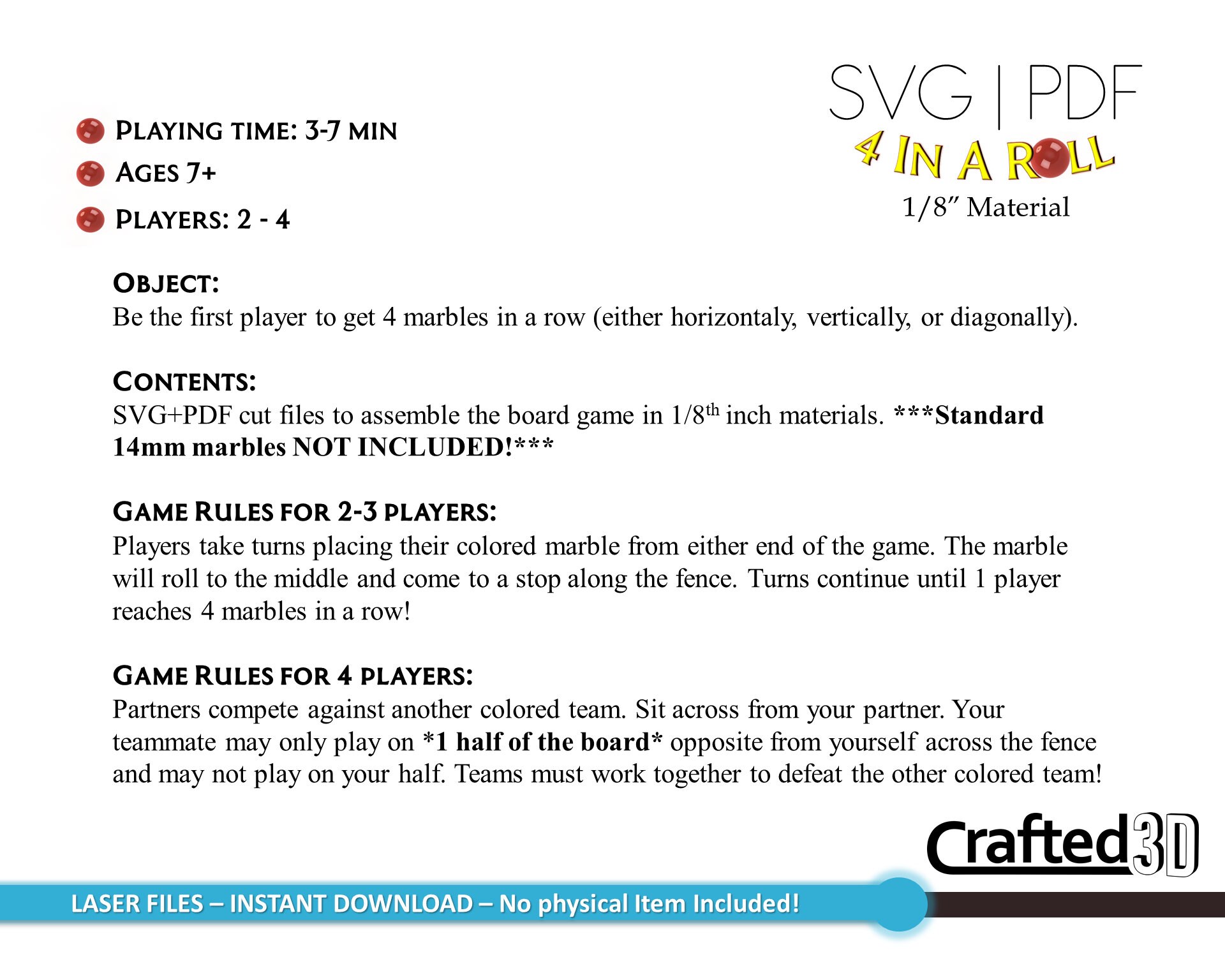 4 in a Roll- Marble Game SVG-PDF Laser Cut File Instant Download Sized ...