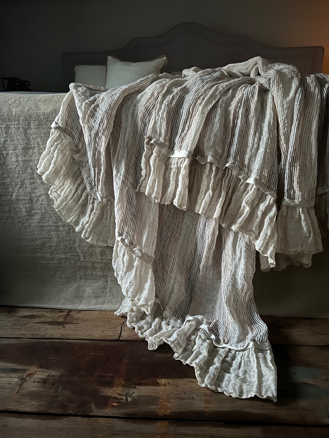 Linen Bed Scarf ,bella’ – Victorian Style Silk Trim, Shabby Chic Throw ...