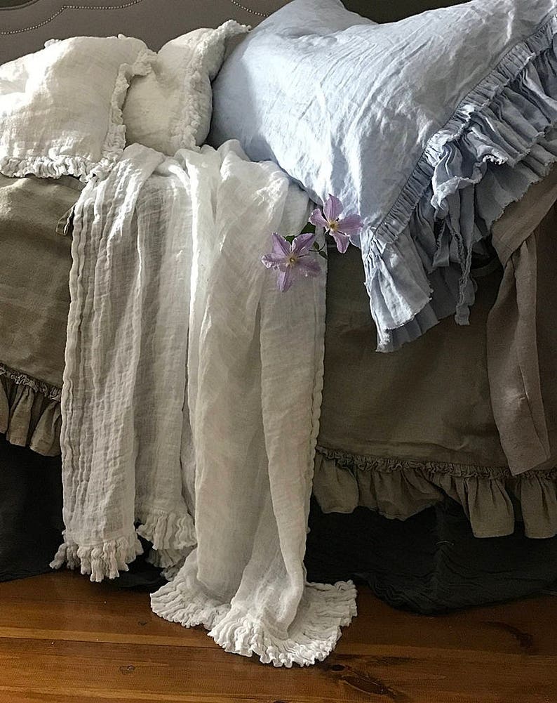 Linen ruffle pillow case 'Sisi' white gray purple | Etsy