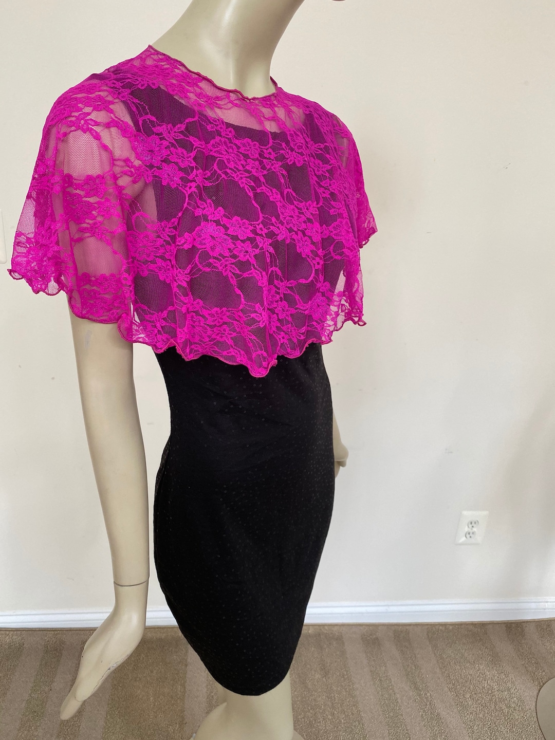 Bright Pink Lace Flared Mini Cape. Women's Hot Pink Sheer Lace Top ...