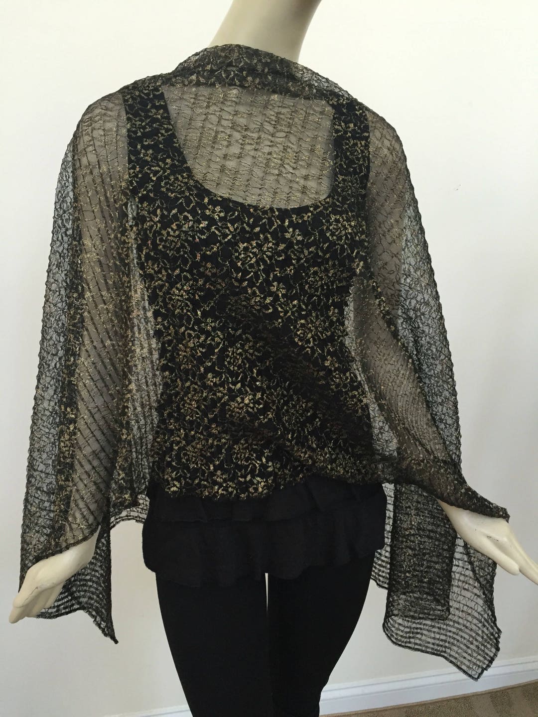 Black-gold Bell Plisse Scarf. Pleated Glittery Lace Scarf. Women's Fine ...