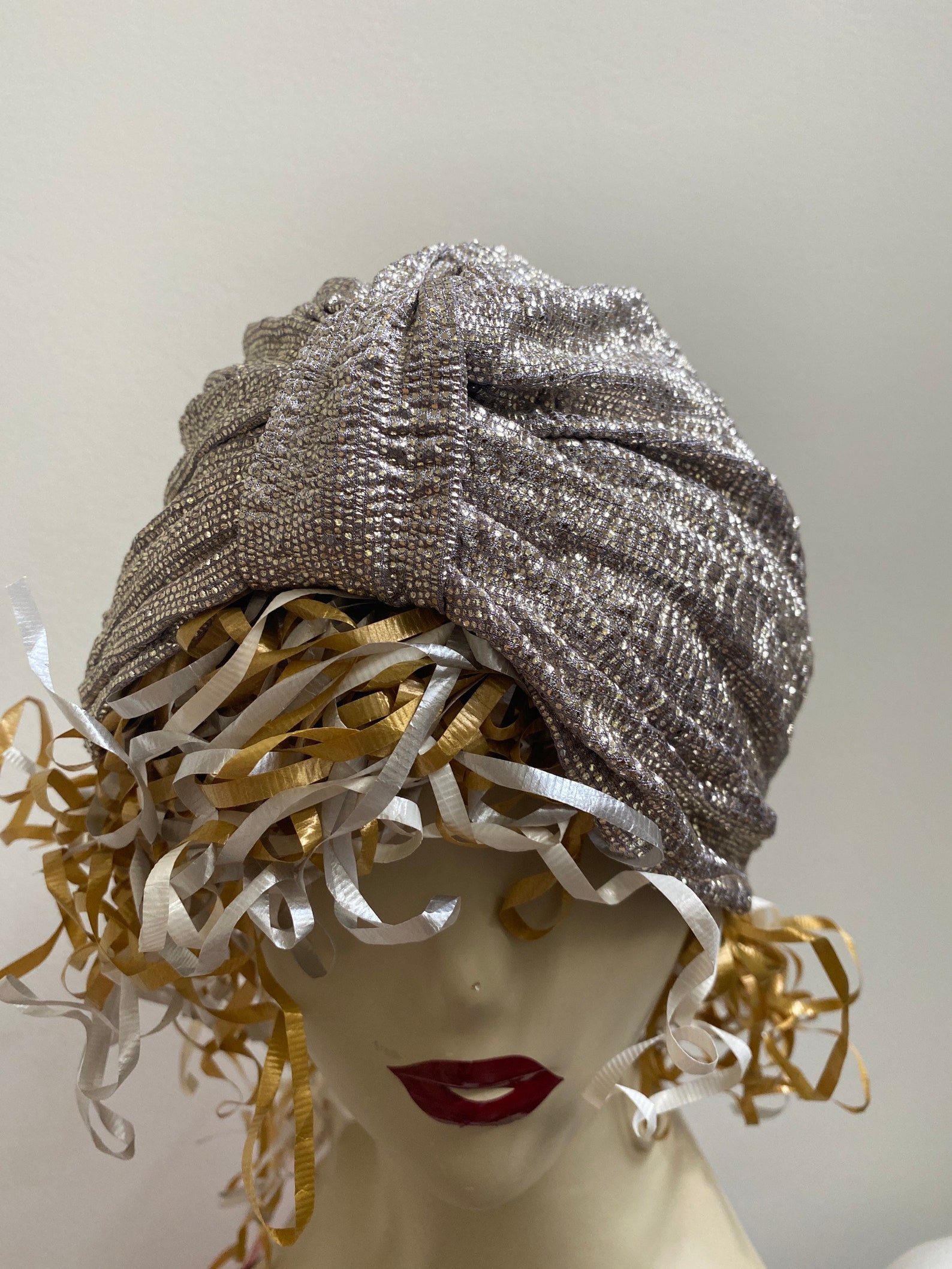 Crinkled Gold Foil Knit Turban Hat. Women's Elegant Iridescent Light ...