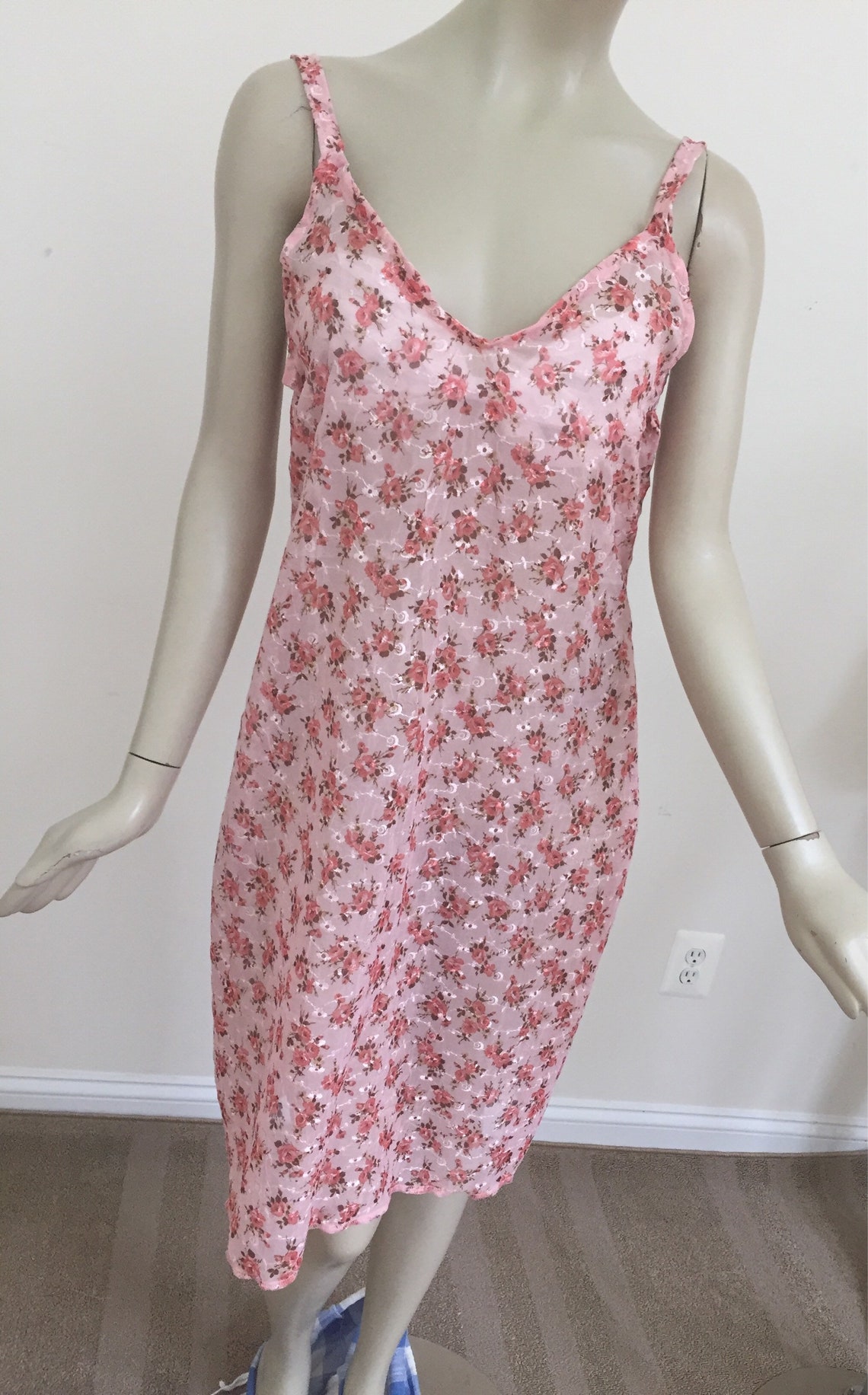 Shrimp Pink Eyelet Lace A-summer Slip Dress. Pink Floral Lace Spaghetti ...