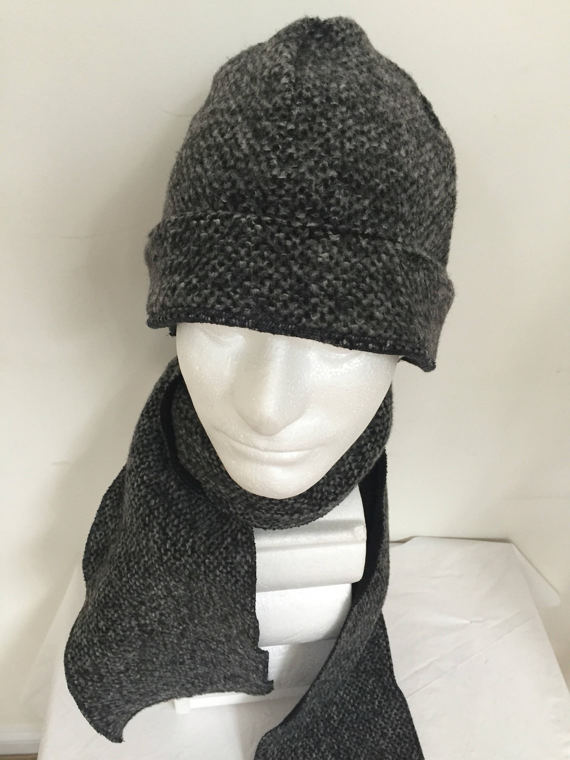 Grey Wool Men's Beanie Hat and Scarf Set. Knitted Wool | Etsy