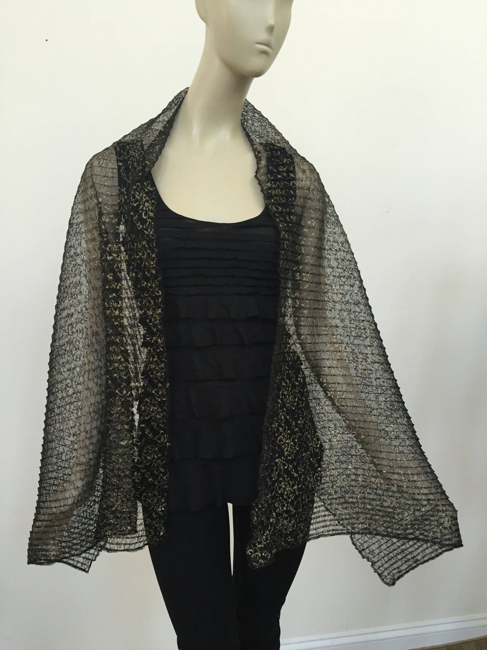 Black-gold Bell Plisse Scarf. Pleated Glittery Lace Scarf. - Etsy
