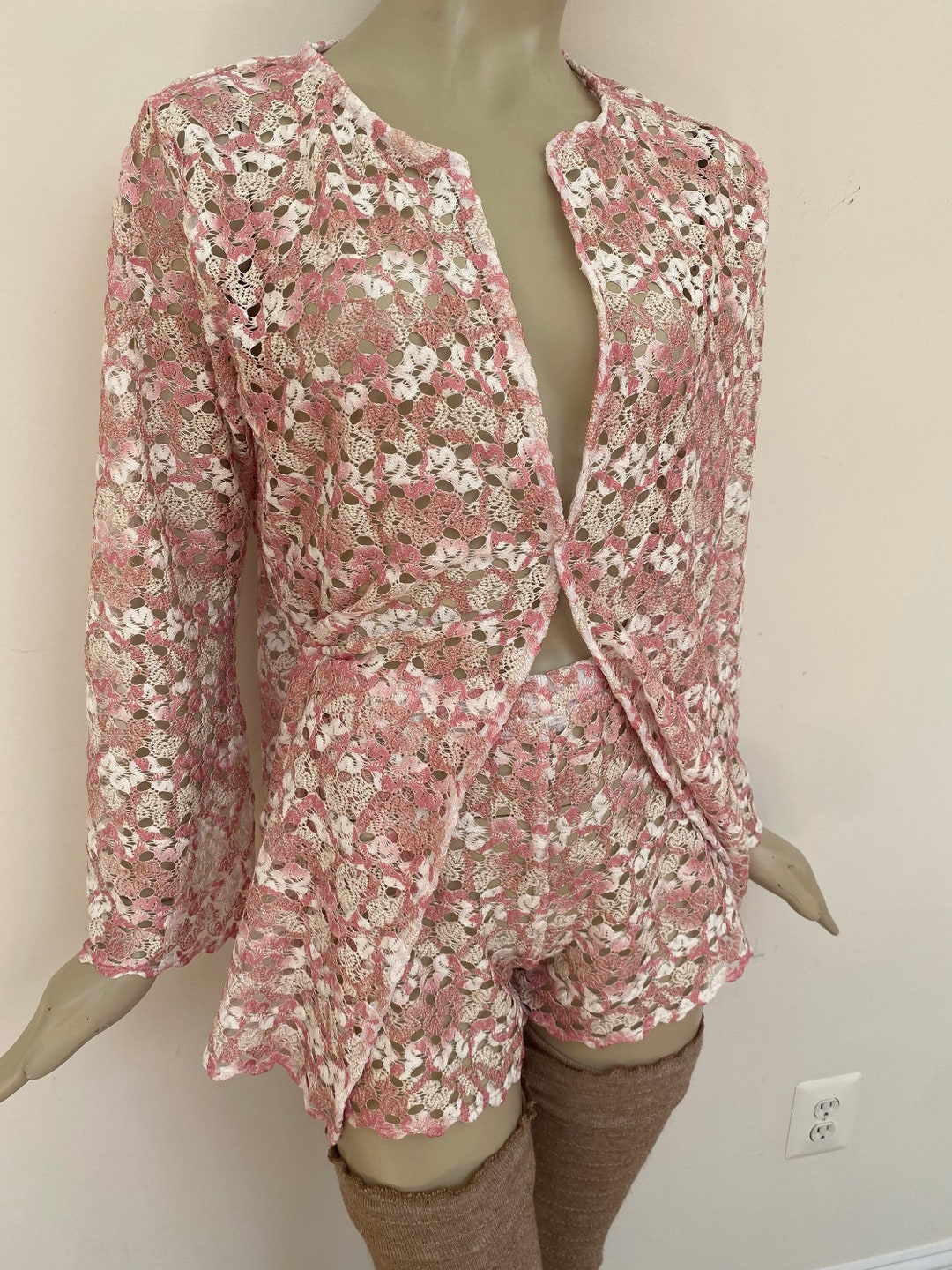 Pink Crochet Lace Mini Robe and Shorts Set. Wedding Special. Bridal ...