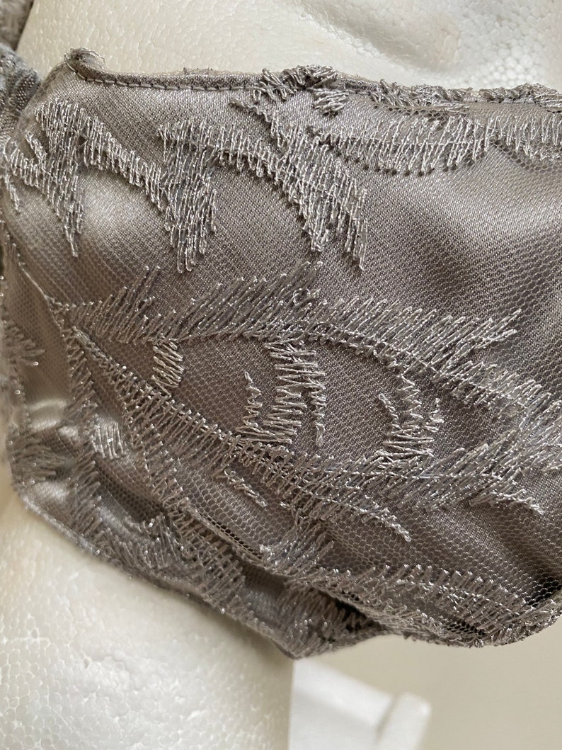 Fancy Nude/silver Floral Embroidery Face Mask With Satin - Etsy