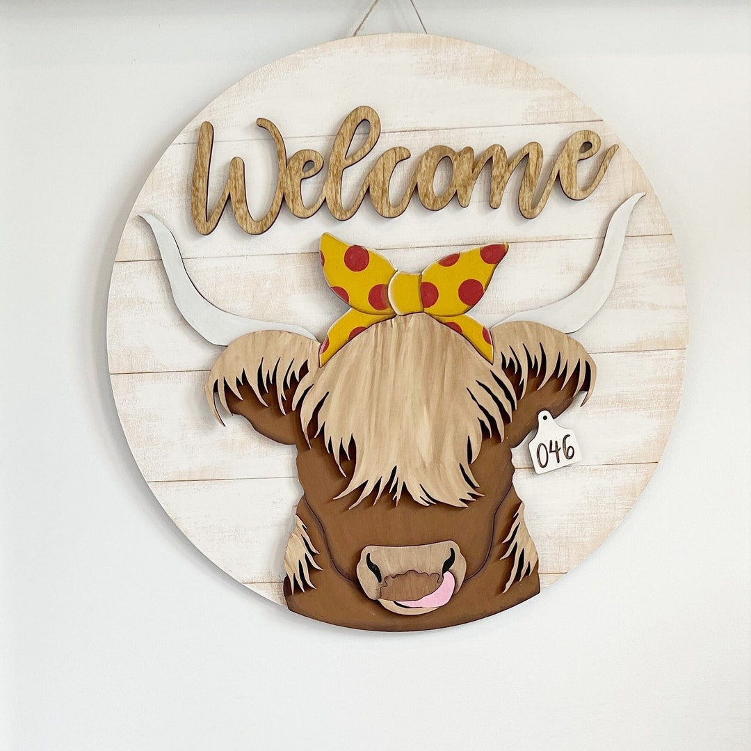 Highland Cow Door Hanger Door Decor, Denim Door Hanger Front Porch Sign ...