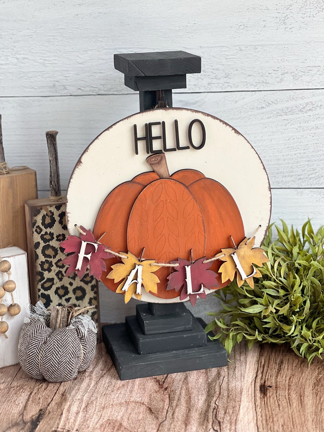 Hello Fall Round Sign With Banner of Fall Leaves Wall Decor Wall ...