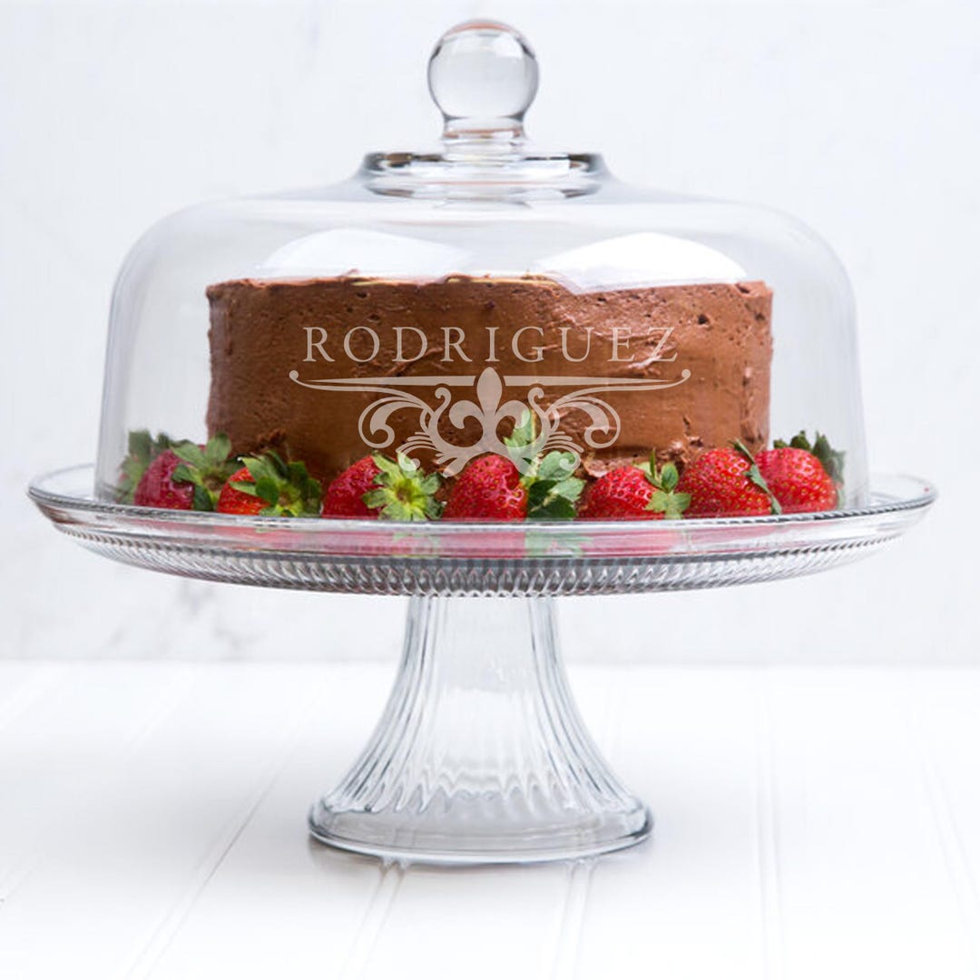 Monogram Etched Glass Cake Stand / Cake Dome / Personalized Family Name ...