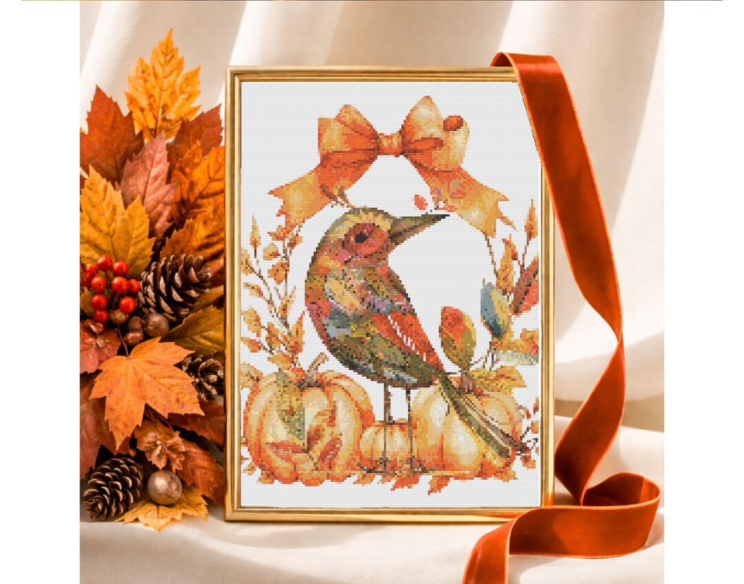 Counted Cross Stitch Pattern: "whimsical Autumn Leaves Bird 2" Cozy and ...