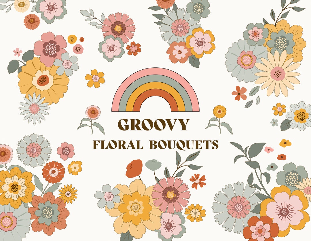 Groovy Floral Bouquets Clipart: 9 Retro Boho Flowers for Wedding ...