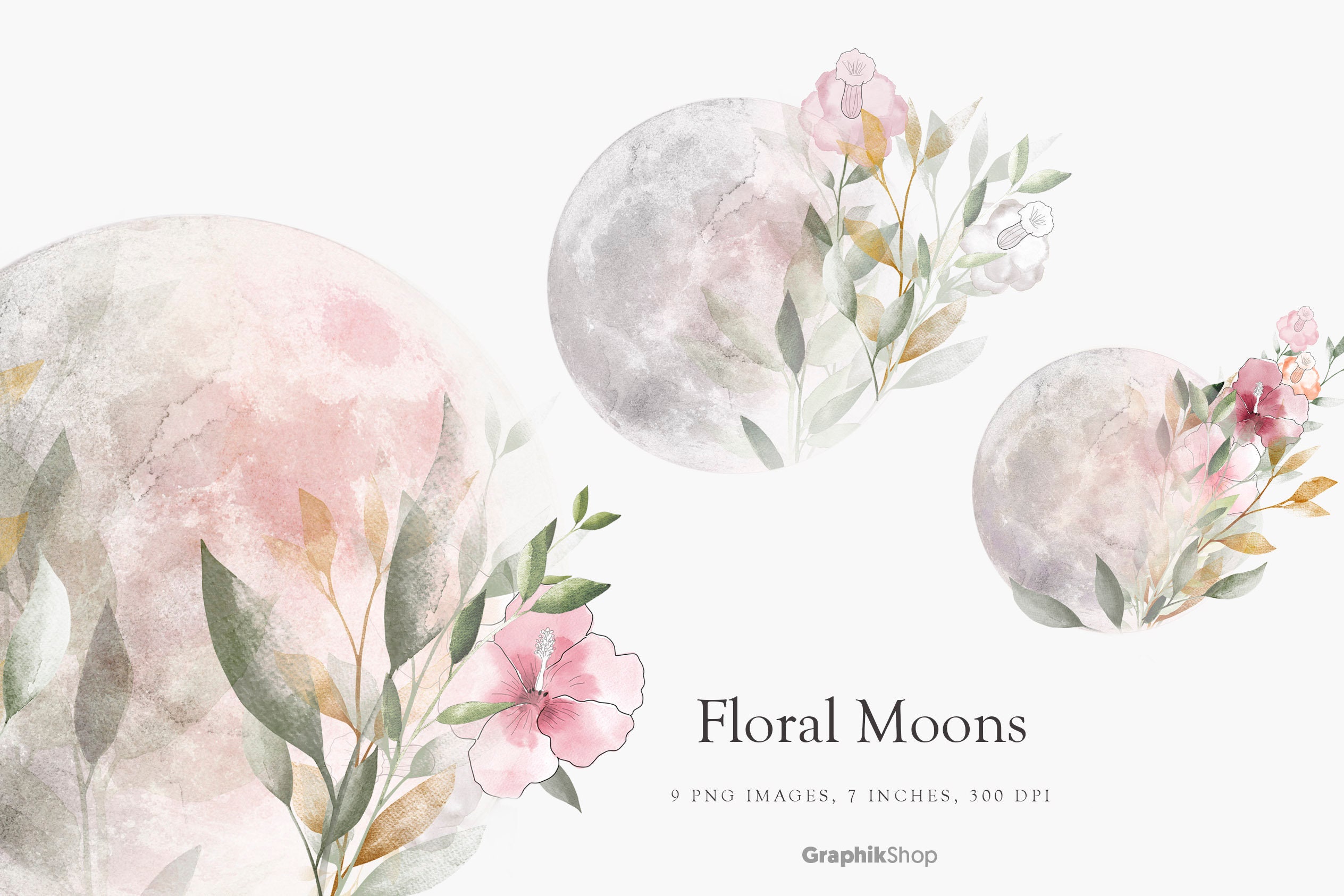 Floral Moons Moon Clip Art Celestial Watercolor Dreamy | Etsy