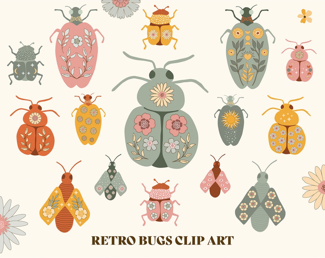 Retro Bug Clipart – 28 Hand Drawn Groovy Insects With Flowers for Kids ...