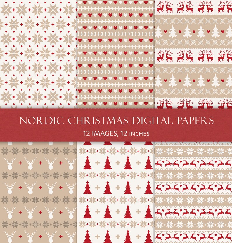 Nordic Christmas Digital Paper: 12 Beige Folk Art Jpgs (12 Inches, 300 ...