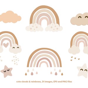 Clouds Clipart, Boho Sun Clouds and Rainbows, Weather Clipart, Raibows ...