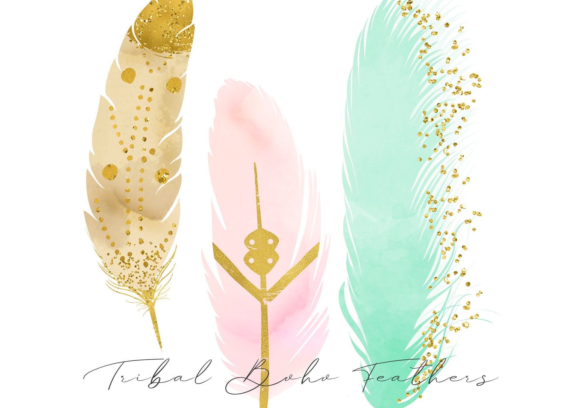 Boho Feather Clipart Feathers Clipart Watercolor Feathers - Etsy