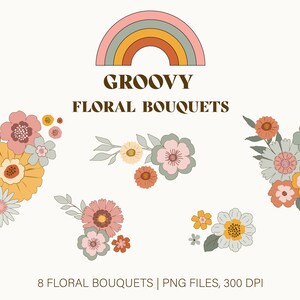 Groovy Floral Bouquets Clipart: 9 Retro Boho Flowers for Wedding ...