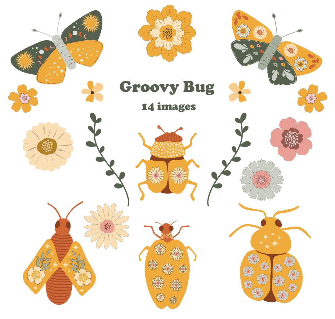 Groovy Bug Clipart, Groovy Flowers Clipart, Cute Bug Clipart, Bugs ...