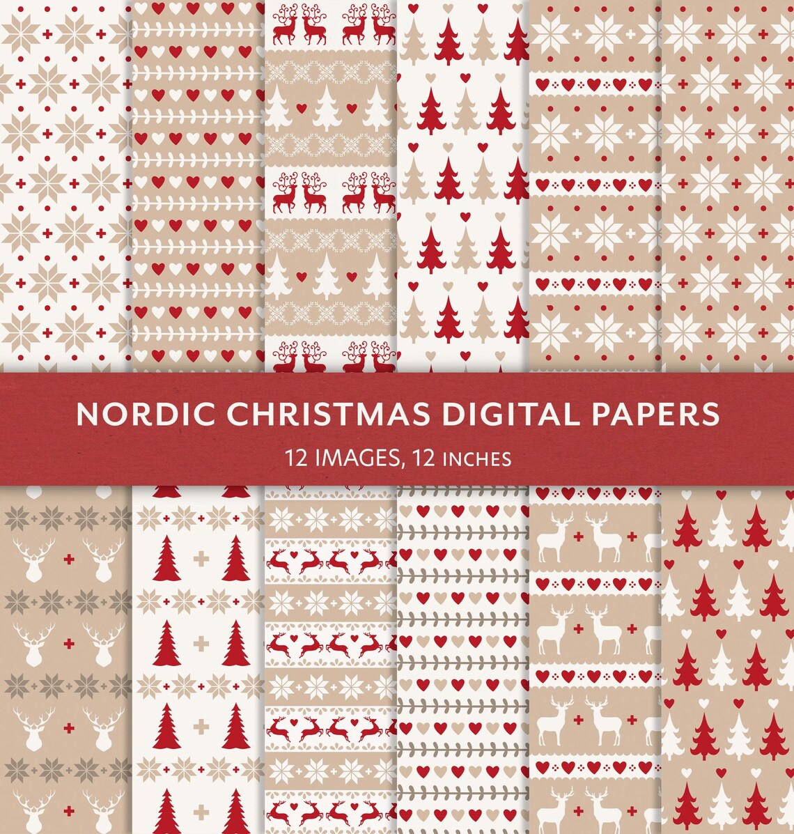 Nordic Christmas Digital Paper: 12 Beige Folk Art Jpgs (12 Inches, 300 ...