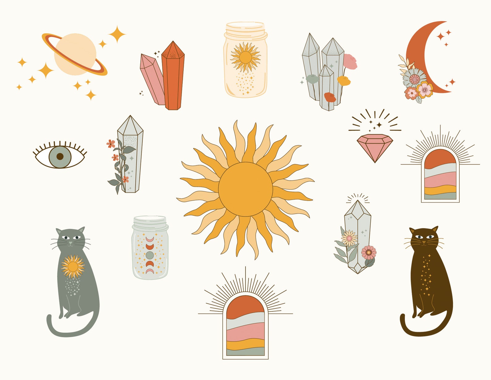 Retro Mystical Clipart, Groovy Elements Clipart, Mystical Crystal Gems ...