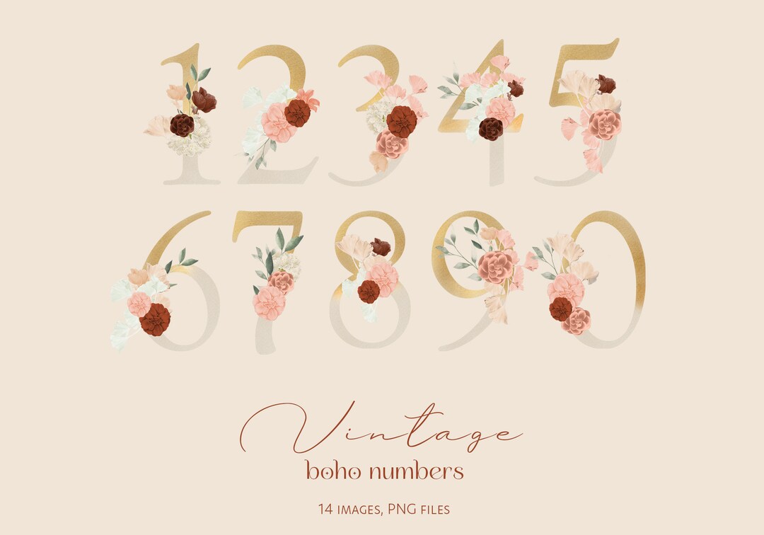 Table Numbers Clipart, Floral Numbers for Wedding, Gold Numbers Png ...