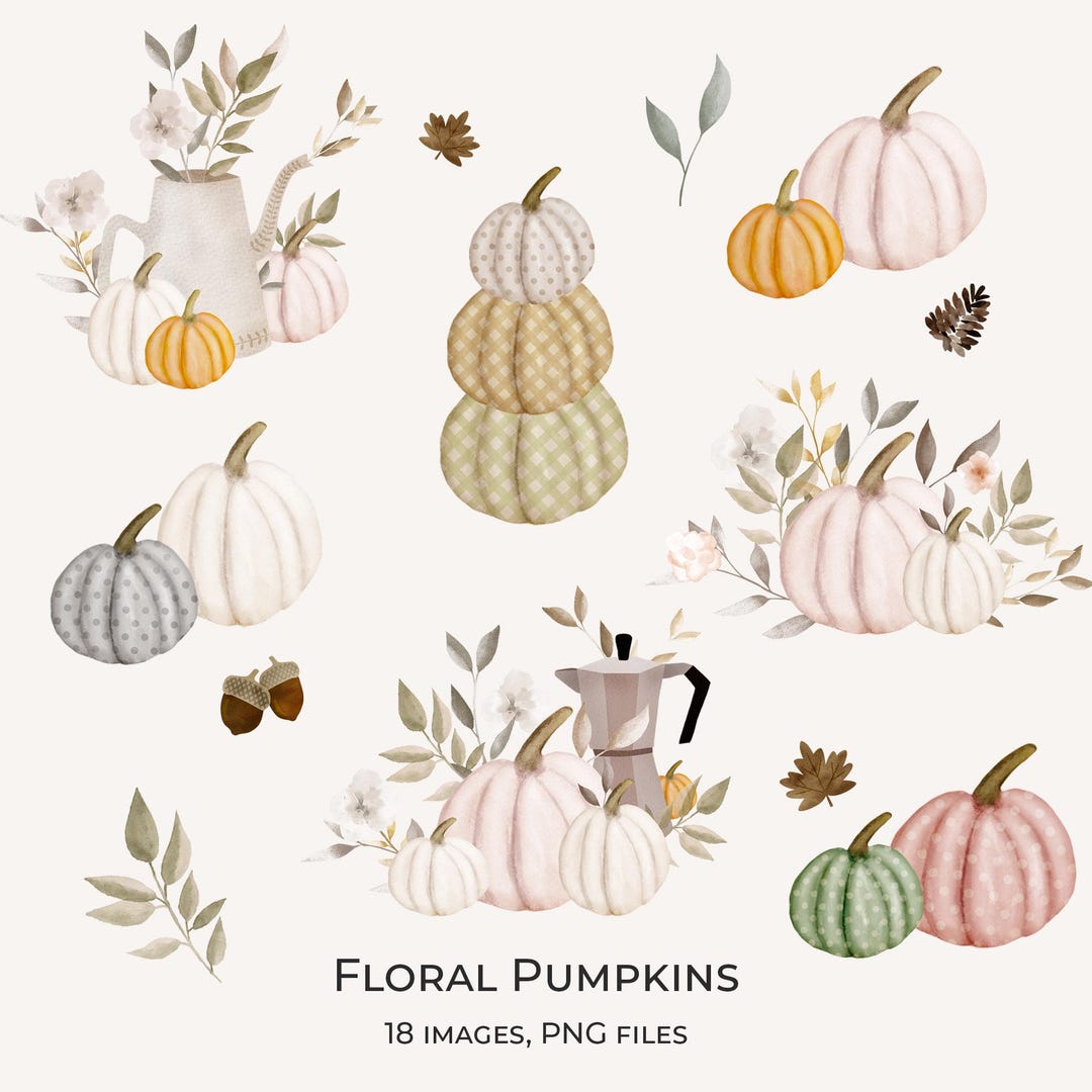 Boho Fall Pumpkin Clipart – 18 Watercolor Floral Pumpkins and Bouquets ...