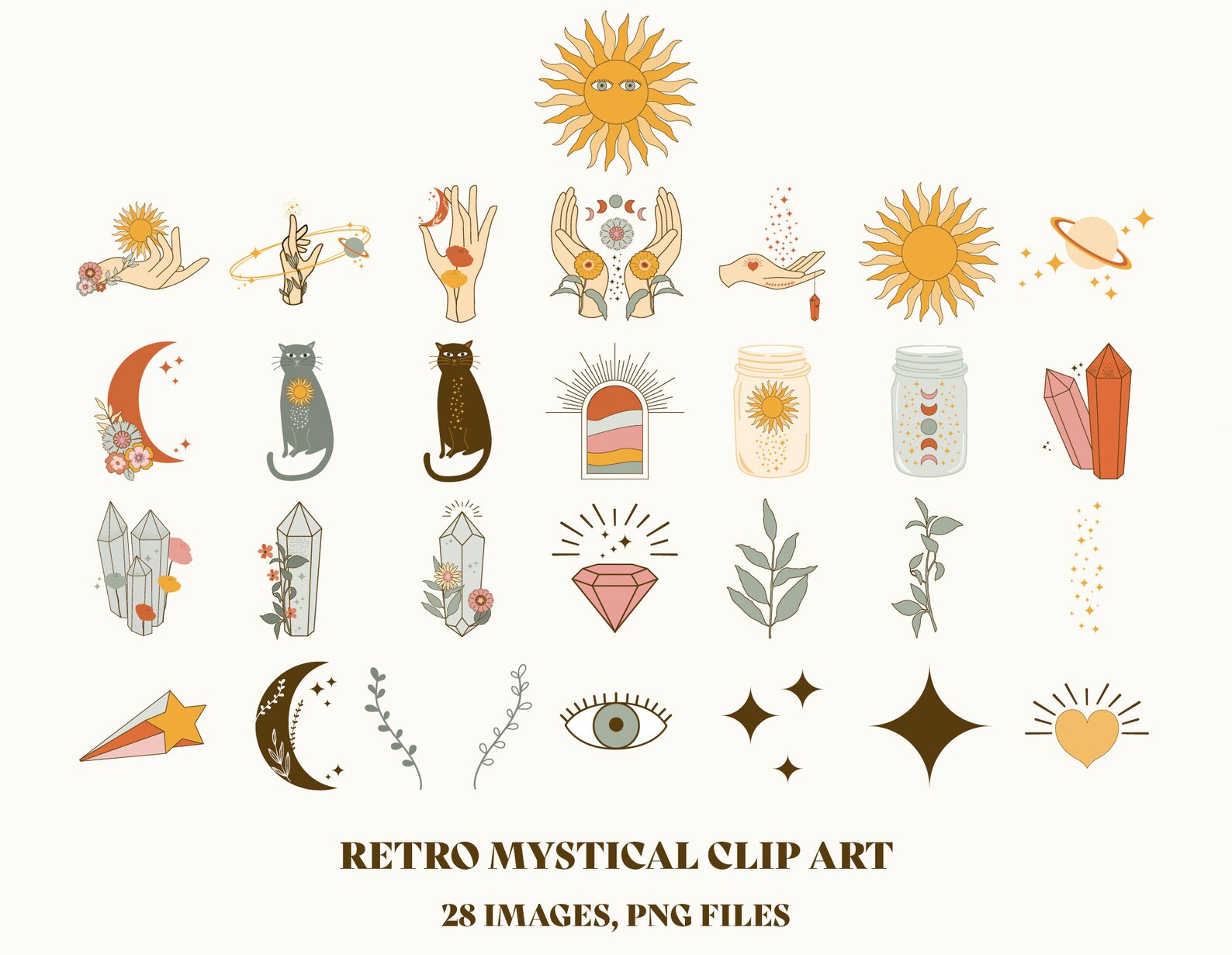 Retro Mystical Clipart, Groovy Elements Clipart, Mystical Crystal Gems ...