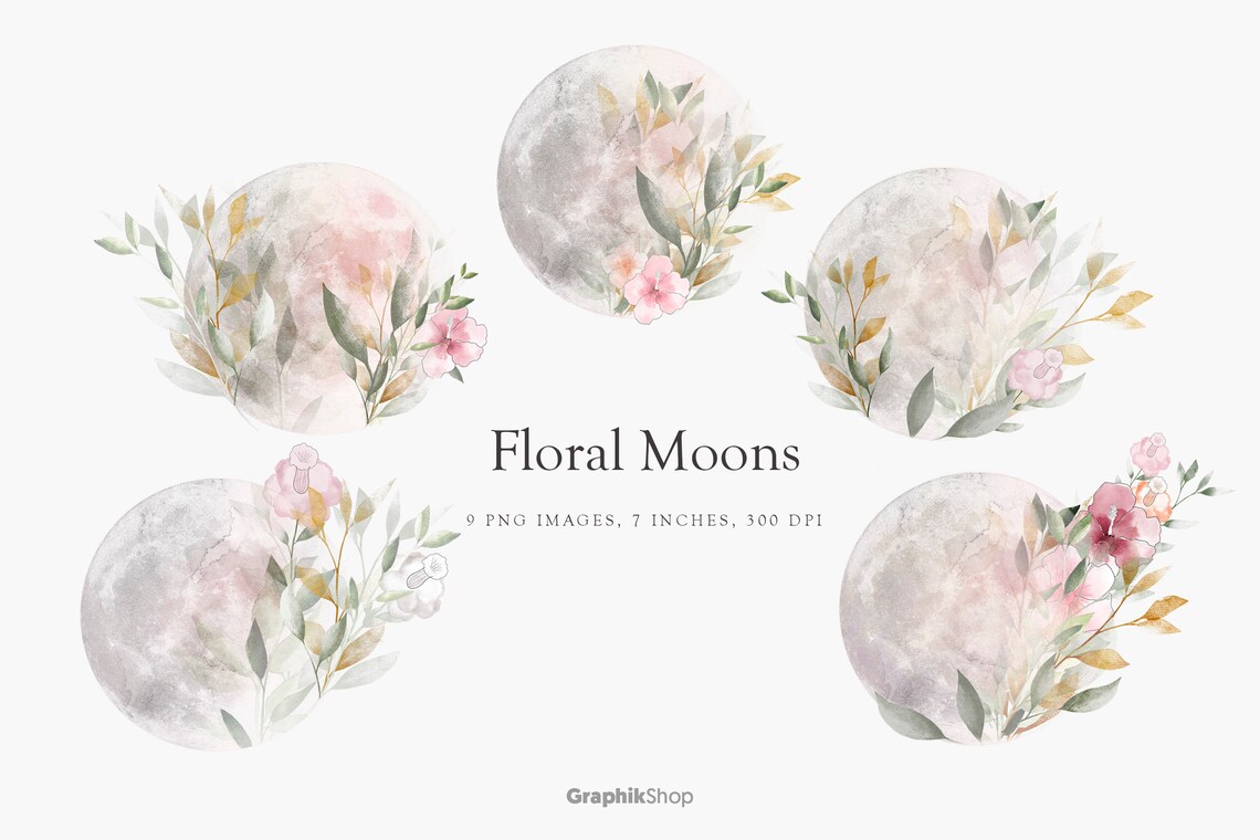 Floral Moons Moon Clip Art Celestial Watercolor Dreamy | Etsy