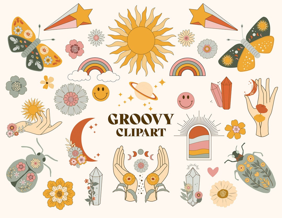Groovy Clipart, Boho Hippie Clipart, Groovy Artwork for Stickers, 70s ...